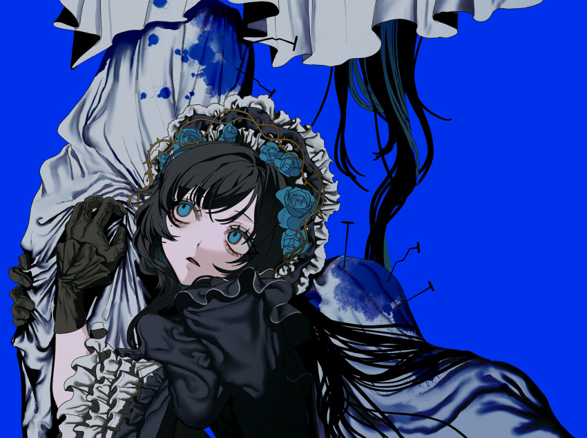 Safebooru - 2girls absurdres ado (utaite) aegyo sal black dress black gloves blue background ...