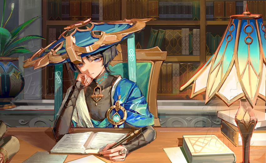 Safebooru - 1boy anemo symbol (genshin impact) aqua gemstone black hair black shirt blue cape ...