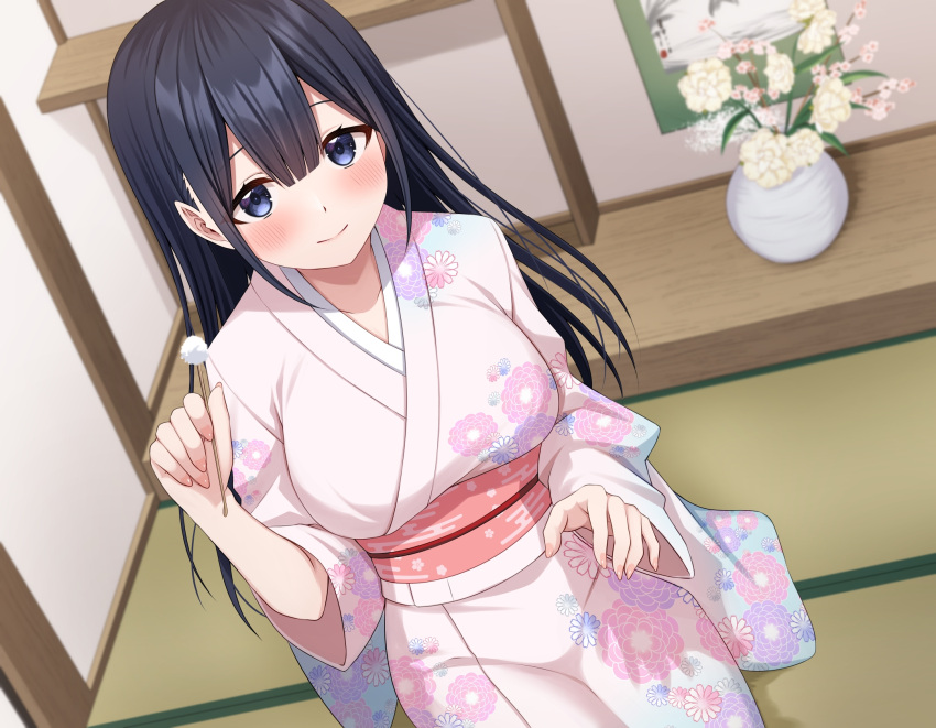 Safebooru - 1girl black hair blue eyes blush floral print floral print kimono flower hand up ...