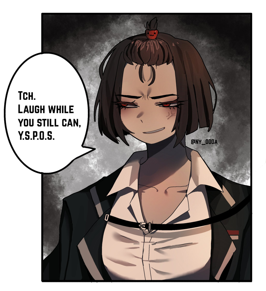 Safebooru - 1girl anger vein bangs pinned back black hair black jacket bob cut collared shirt ...