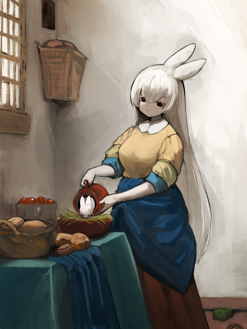 Safebooru - 1girl albino animal ears bangs basket bread breasts carrot closed mouth colored skin ...