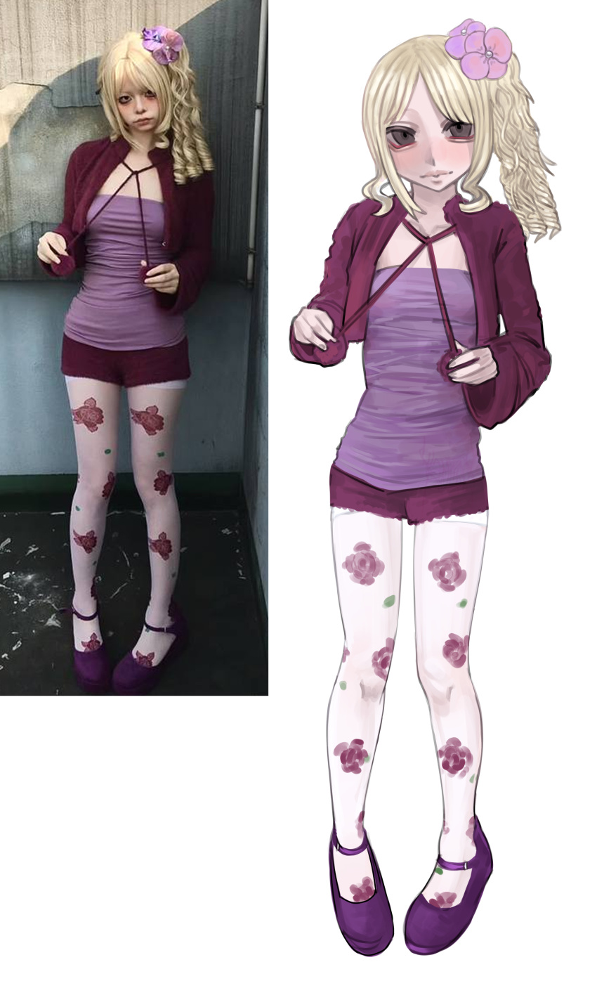 Safebooru - absurdres blonde hair cardigan derivative work floral print flower full body gyaru ...