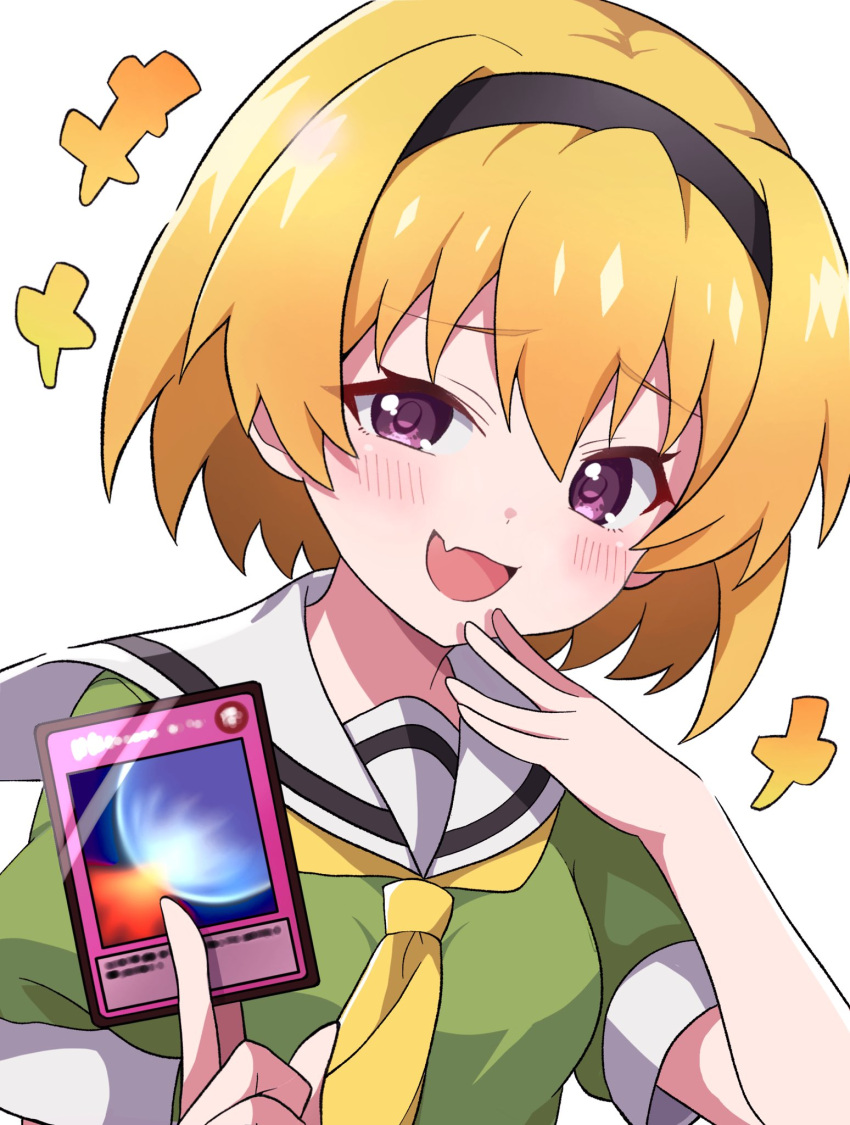 Safebooru - 1girl :d black hairband blonde hair card fang green shirt ...