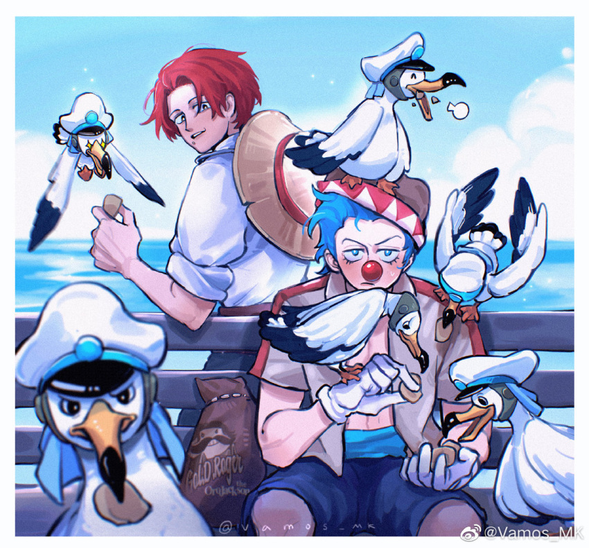 Safebooru - 2boys animal on head bird bird on head blue eyes blue hair ...