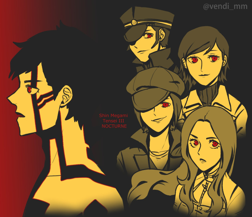 Safebooru - 2girls 3boys black background body markings cabbie hat demi ...