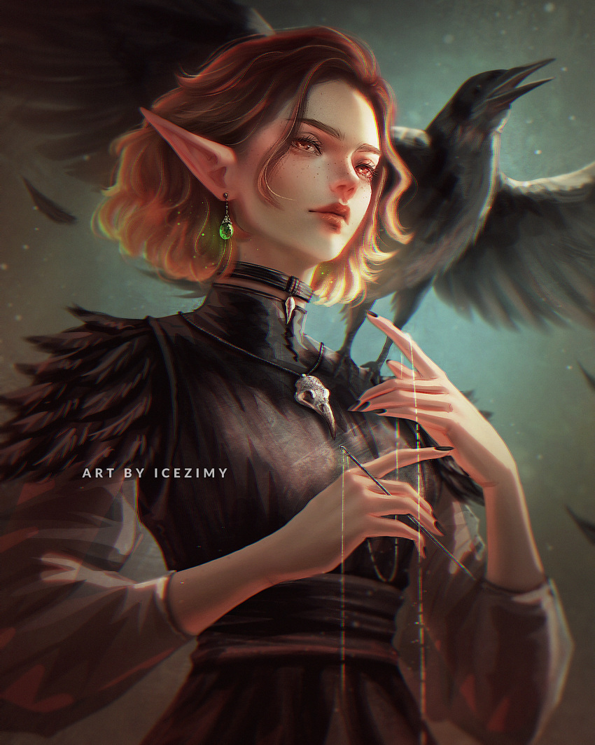 Safebooru - 1girl animal animal on shoulder bird bird on shoulder black ...