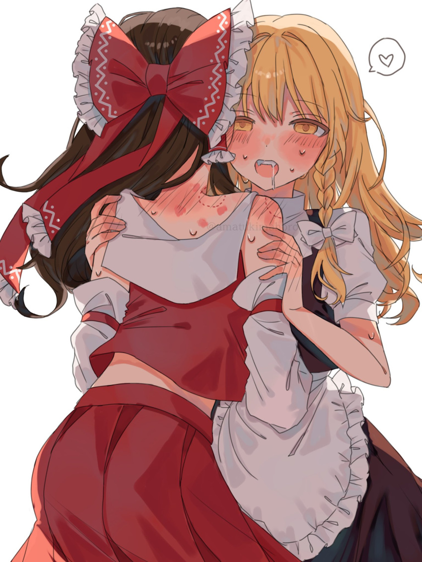 Safebooru - 2girls amatukimahoro apron bare shoulders bite mark bite mark on shoulder black ...