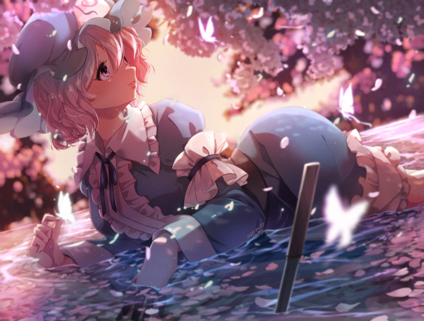 Safebooru - 1girl blue kimono bug butterfly cherry blossoms glowing butterfly highres japanese ...
