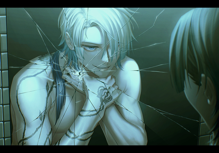 Safebooru - 1boy blue eyes blue lock broken glass broken mirror glass grey hair grin hair over ...