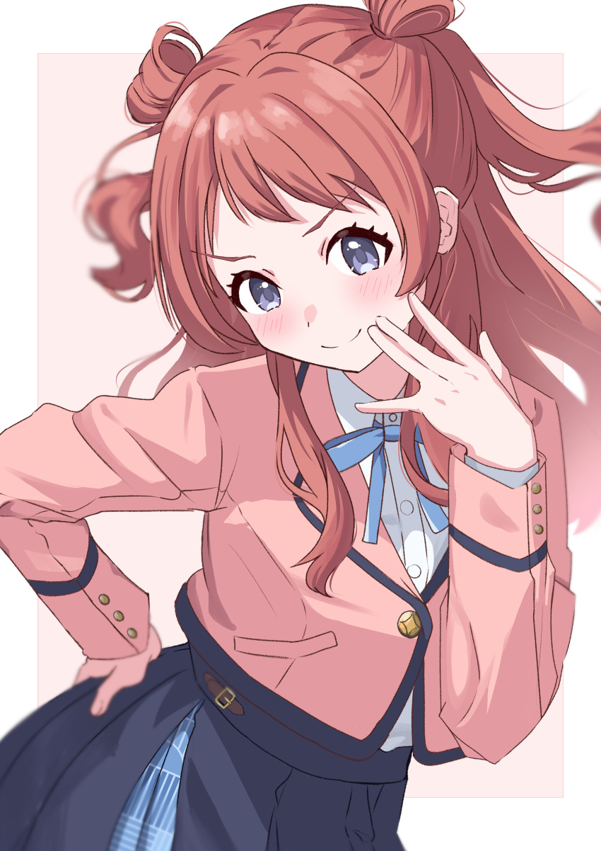 Safebooru - 1girl absurdres blue eyes blue overskirt blush border brown hair collared shirt ...