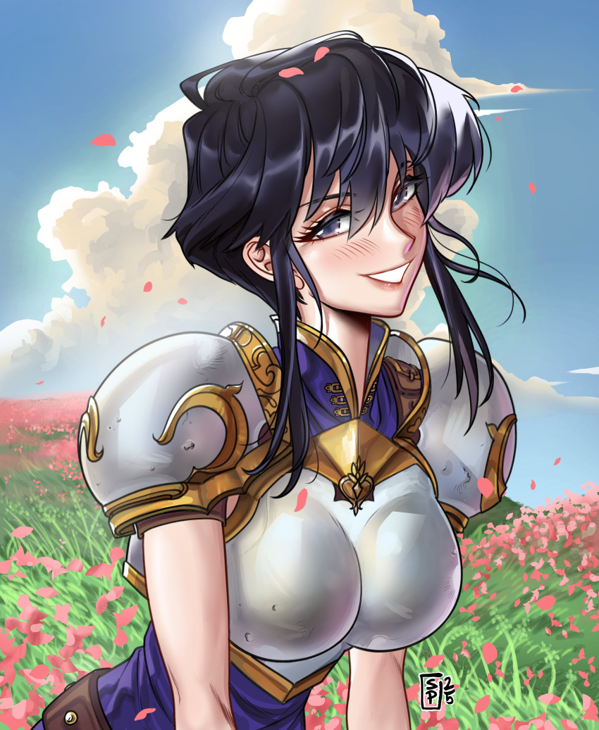 Safebooru - 1girl absurdres armor belt black hair blue sky blush breastplate clouds commission ...