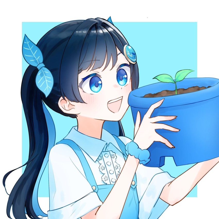 Safebooru - 1girl :d aged down black hair blue background blue eyes blue hair blue overalls ...