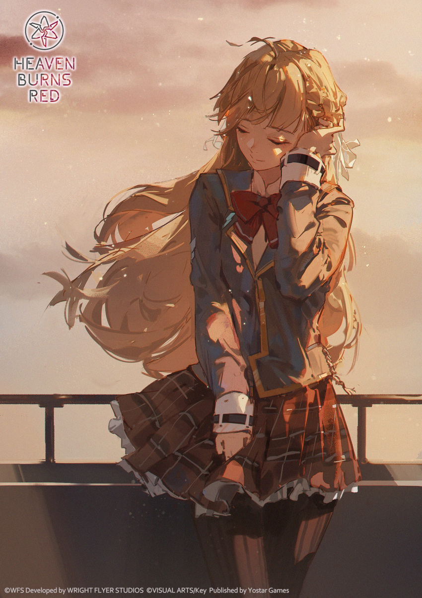 Safebooru - 1girl absurdres blonde hair blue jacket bow braid closed eyes dawn dino ...