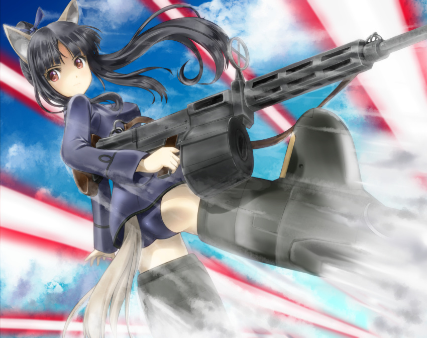 Safebooru - 1girl animal ears black hair blue jacket blue one-piece swimsuit blue sky brown eyes ...