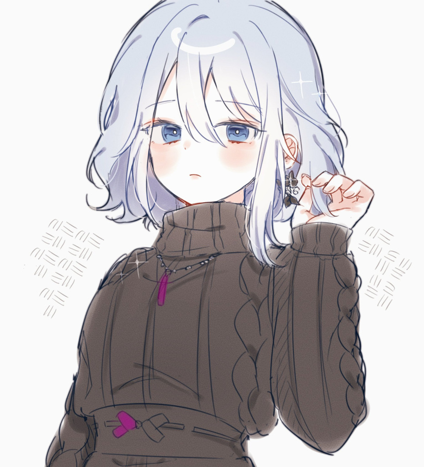 Safebooru - 1girl 1i 5e black sweater blue eyes blush brown sweater closed mouth earrings grey ...