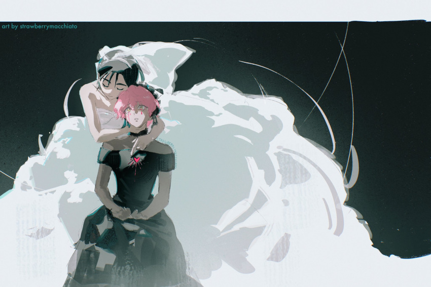 Safebooru - 2girls alien stage black dress black hair border closed ...