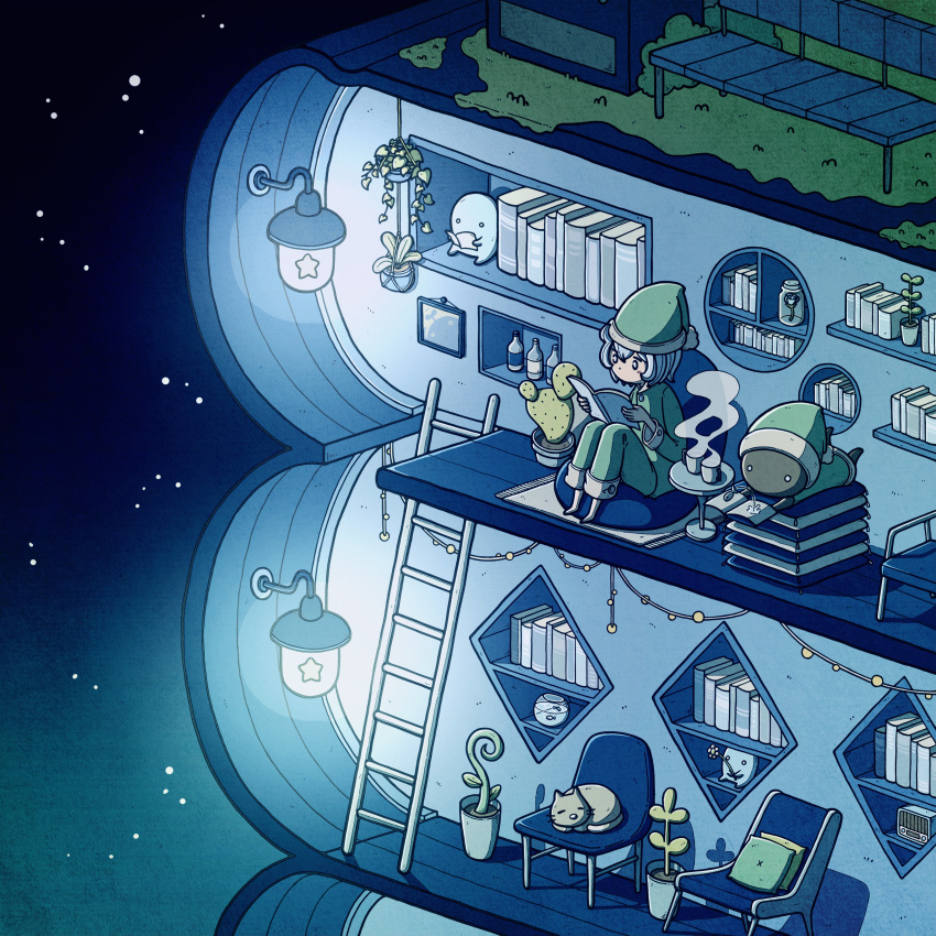 Safebooru - 1girl absurdres blue hair book bottle cactus cat chair cup ...