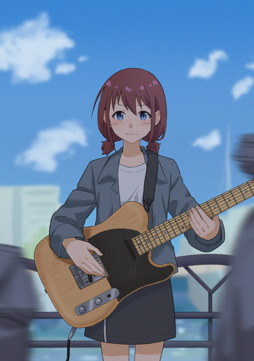 Safebooru - 1girl absurdres black skirt blue eyes blue jacket blush brown hair closed mouth ...