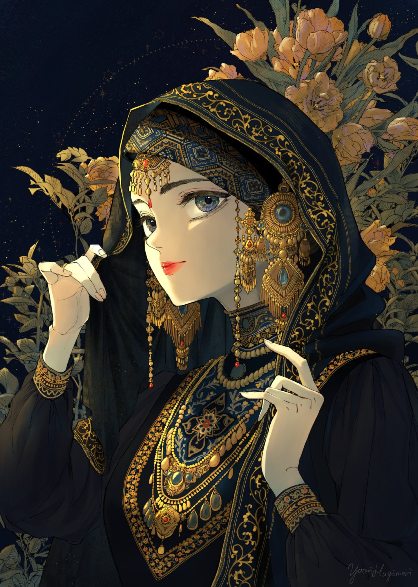 Safebooru - 1girl black cape black dress bouquet cape dress earrings flower gold grey eyes ...