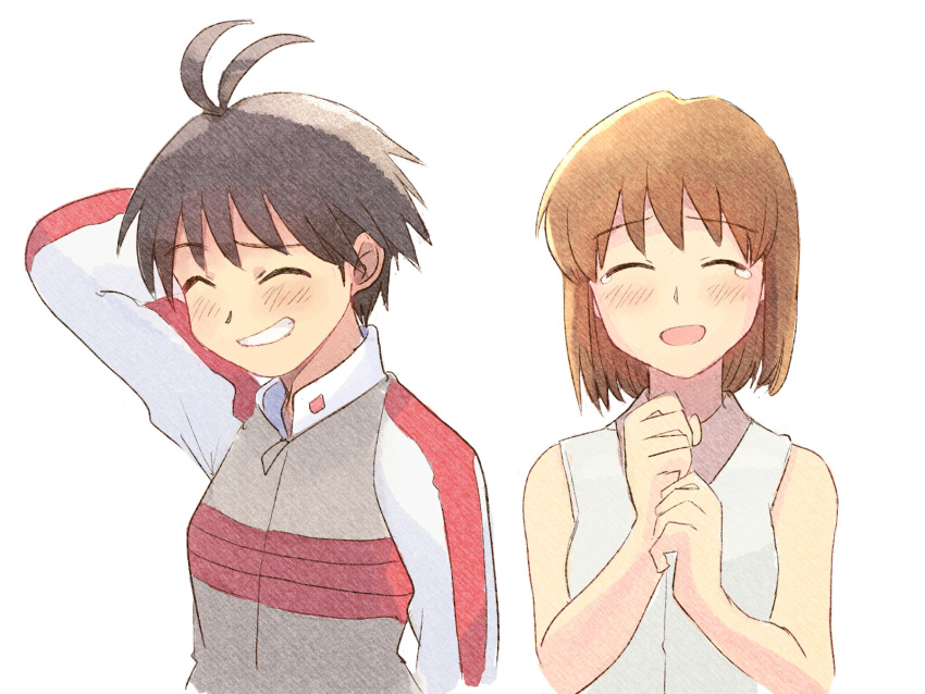 Safebooru - 2girls antenna hair arm behind head black hair blush brown hair closed eyes facing ...