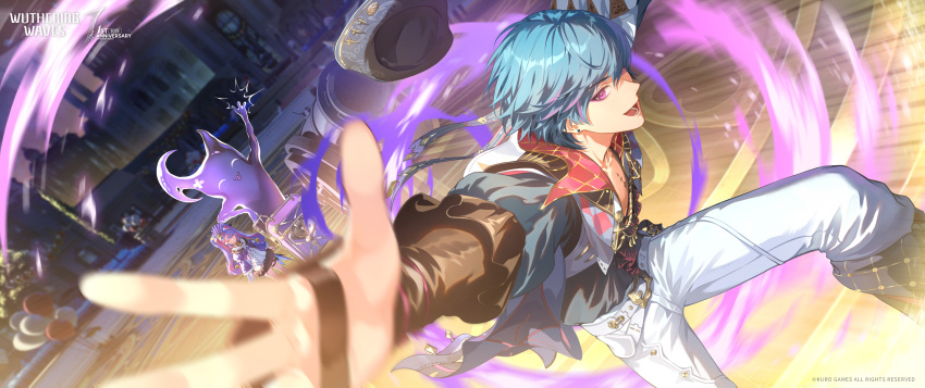 Safebooru - 1boy 1girl absurdres balloon blue hair blue shirt brant (wuthering waves) cannon ...