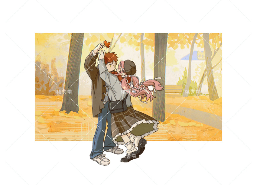 Safebooru - 1girl autumn autumn leaves bag bench beret black bag black hat black shoes blush bow ...