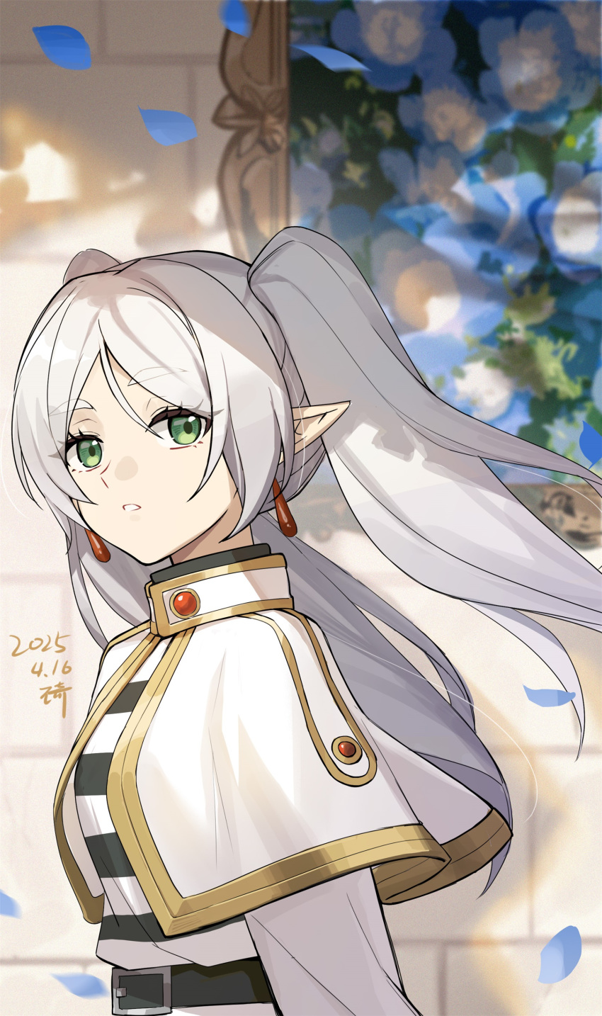 Safebooru - 1girl absurdres artist name belt capelet dated earrings elf flower frieren from side ...