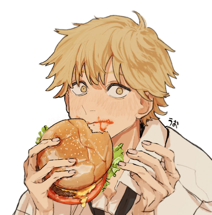 Safebooru - 1boy bangs black necktie blonde hair burger chainsaw man collared shirt denji ...