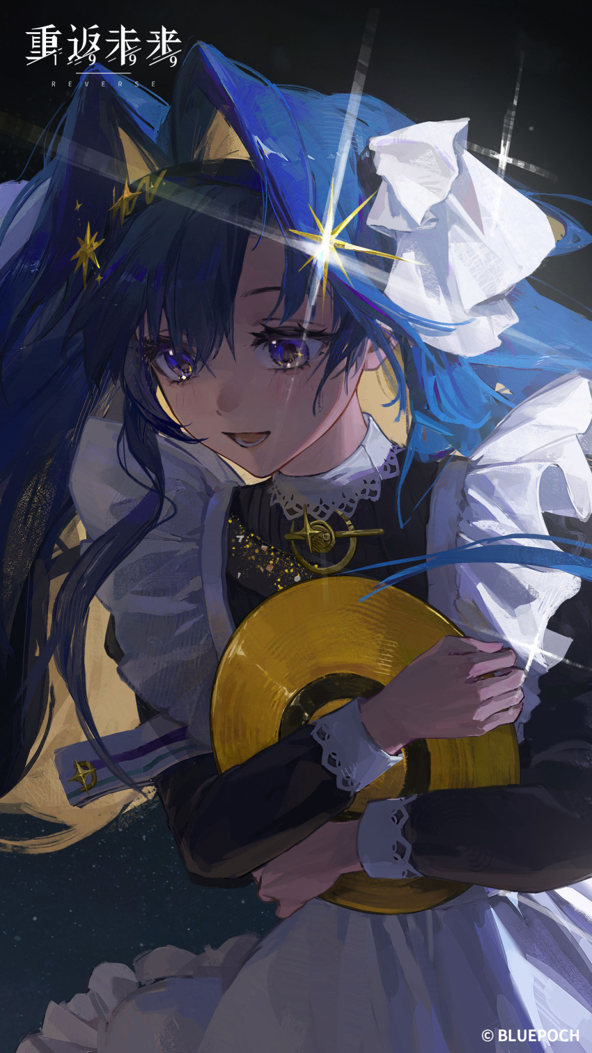 Safebooru - 1girl :d absurdres apron backlighting black dress black hairband blonde hair blue ...