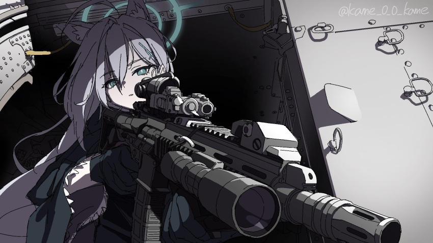 Safebooru - 1girl ahoge aiming animal ear fluff animal ears assault rifle black dress black ...