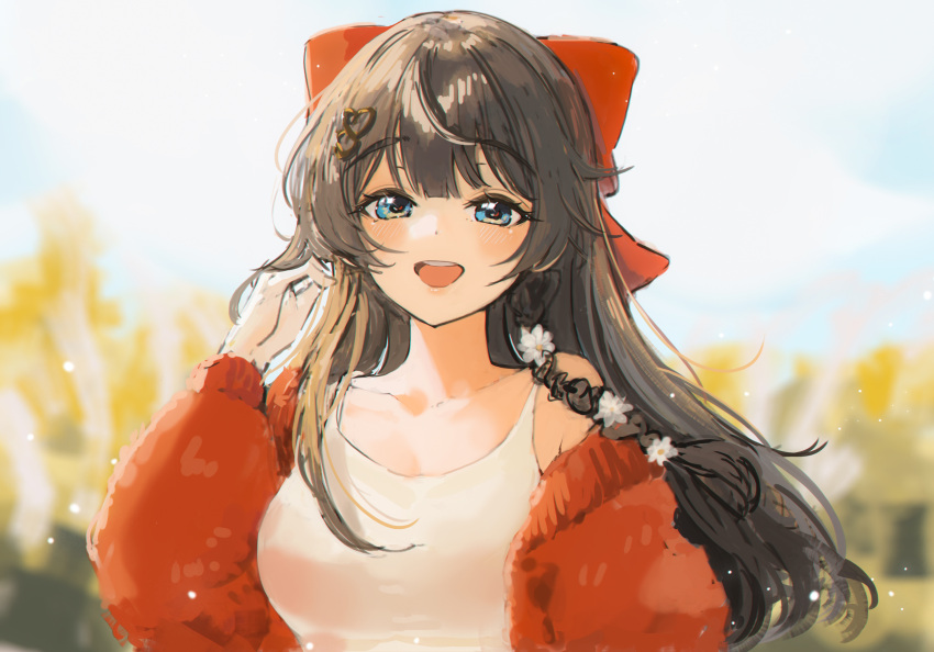 Safebooru - 1girl bare shoulders bbeedol black hair blue eyes blurry blurry background bow hair ...
