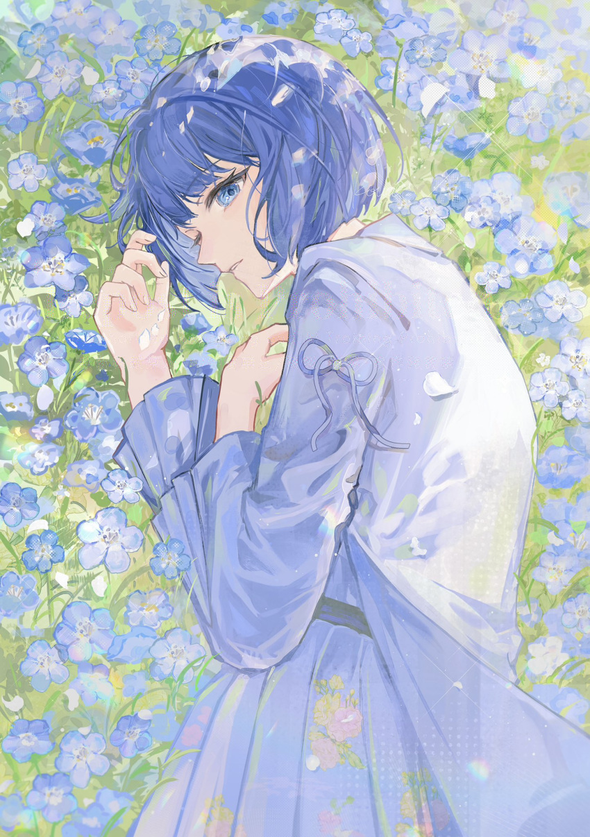 Safebooru - 1girl blue dress blue flower blue hair dress flower frilled sleeves frills highres ...