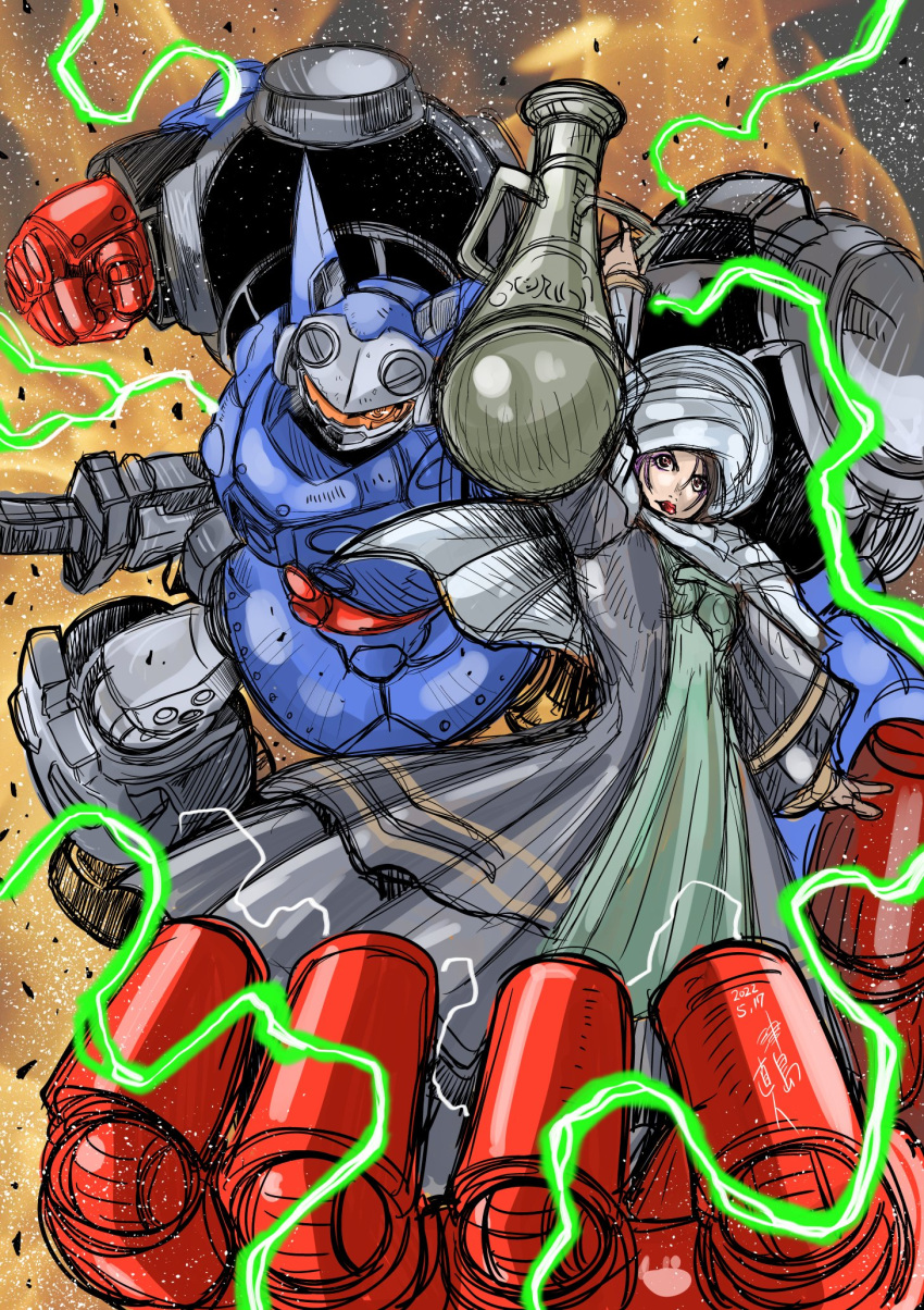 Safebooru - 1girl brown hair clenched hand dress electricity green ...