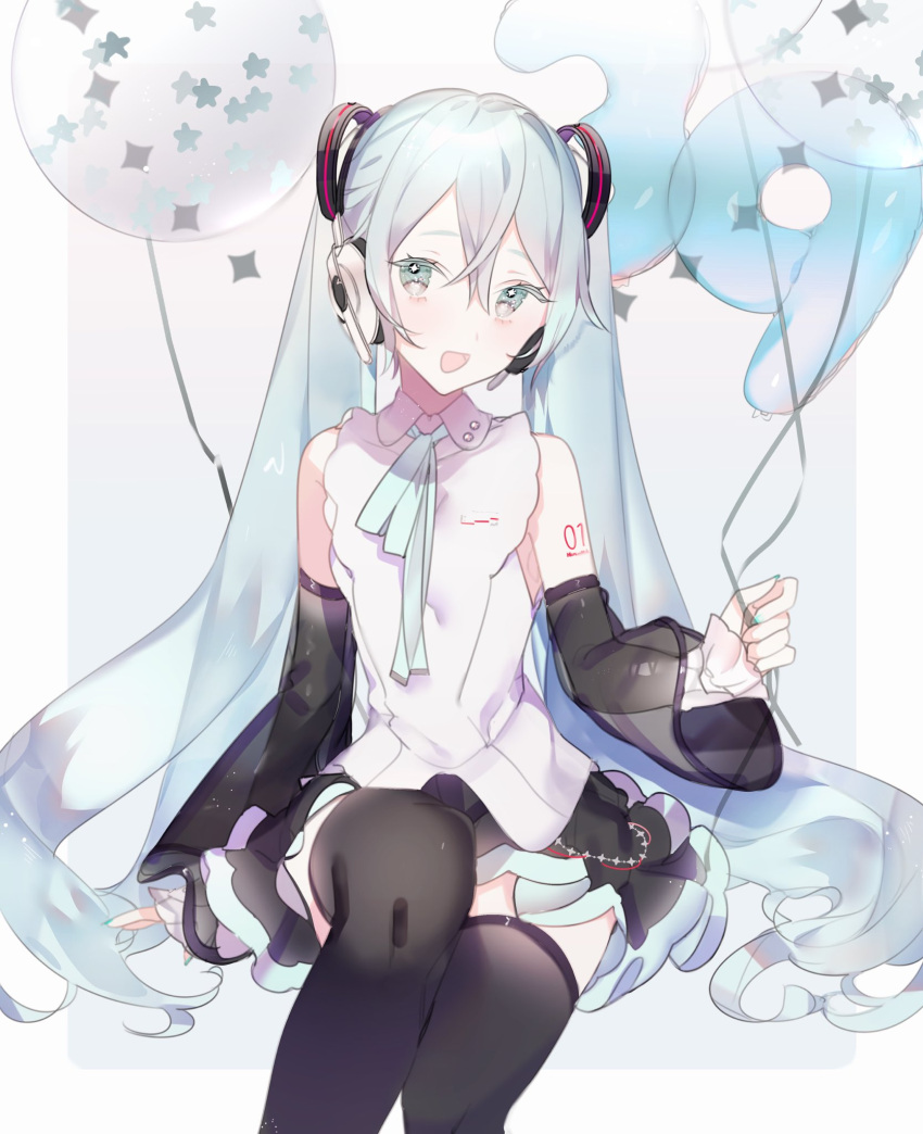 Safebooru - 1girl aqua eyes aqua hair arm tattoo balloon black skirt black thighhighs commentary ...