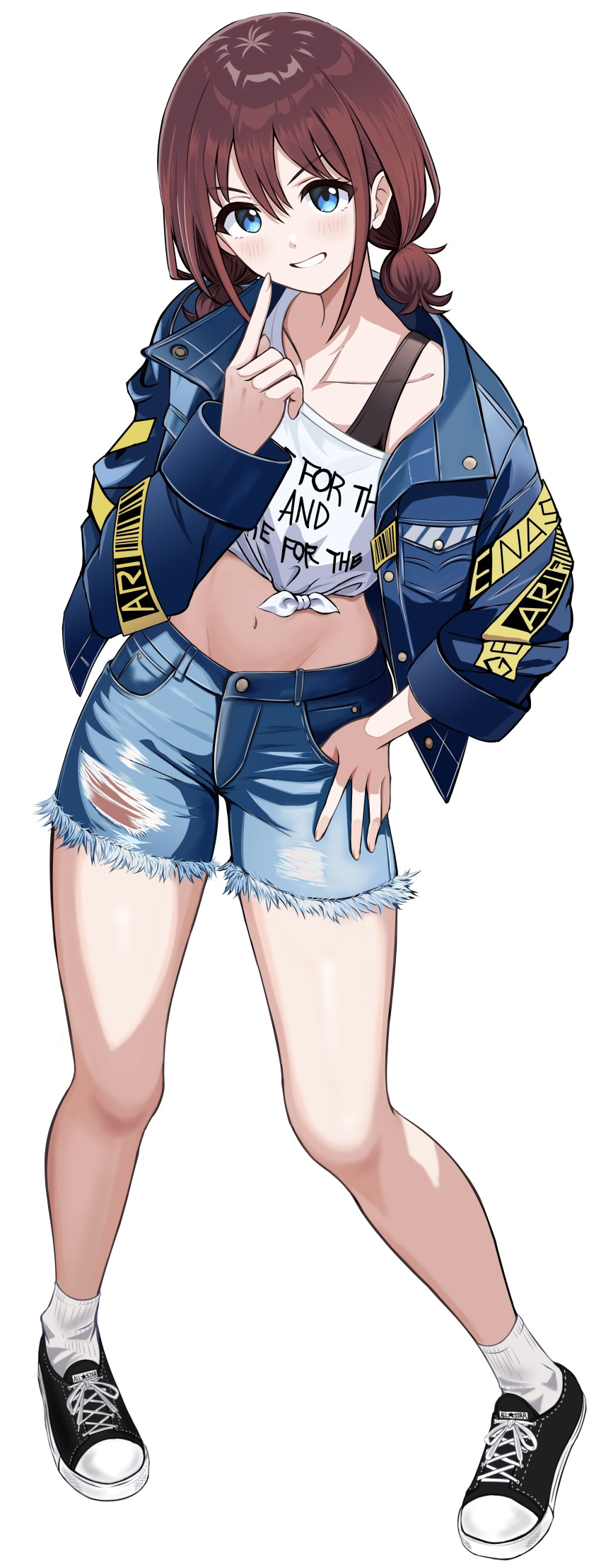Safebooru - 1girl absurdres bare shoulders blue eyes brown hair collarbone crop top denim girls ...