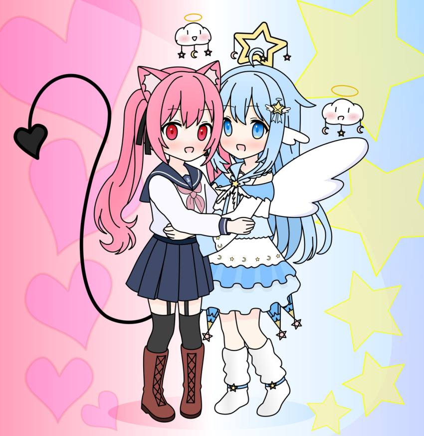 Safebooru - 2girls angel angel wings animal ear fluff animal ears blue eyes blue hair cat ears ...