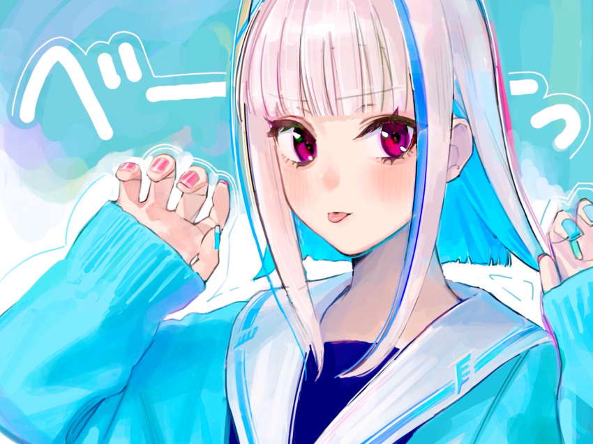Safebooru - 1girl aegyo sal blue cardigan blue hair blue nails blunt ...