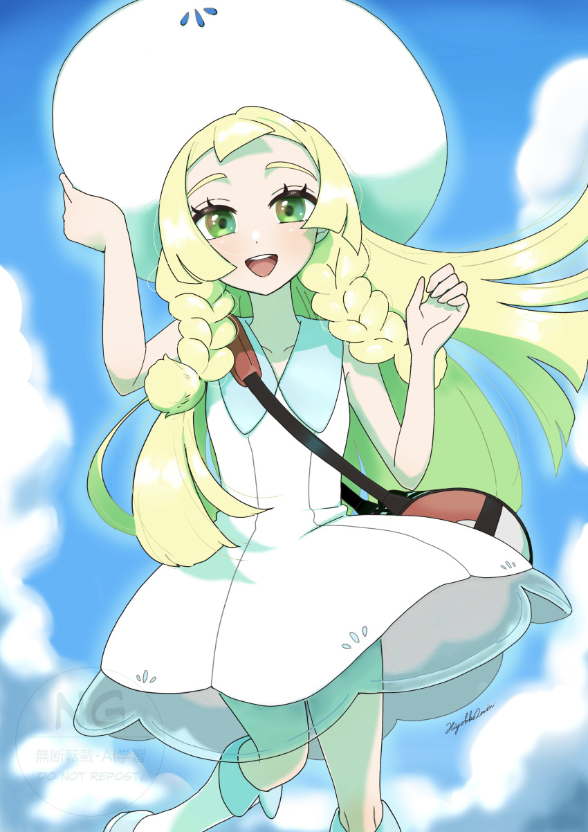 Safebooru - 1girl :d absurdres bag blonde hair clouds collared dress commentary request day ...