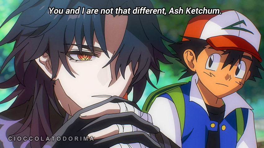 Safebooru - 2boys artist name ash ketchum backpack bag bandaged arm bandages black eyes black ...