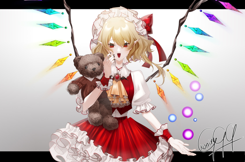 Safebooru - 1girl absurdres ascot blonde hair cowboy shot crystal wings detached wings fang ...