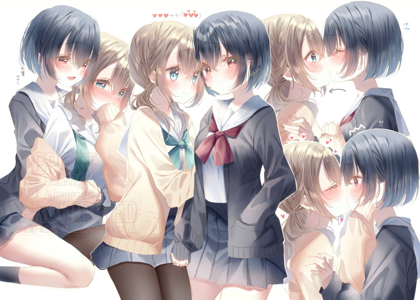 Safebooru - 2girls absurdres aqua neckerchief black cardigan black pantyhose black socks blue ...