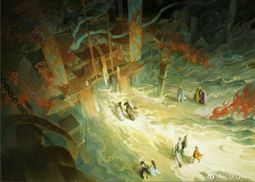 Safebooru - 3boys 6+girls absurdres architecture autumn black bow black ...