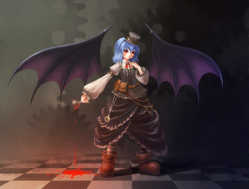 Safebooru - 1girl alternate costume arm belt bat wings belt belt pouch blue hair chalice ...