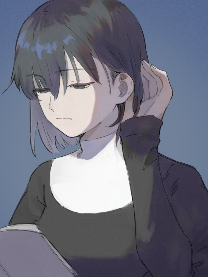 Safebooru - 1girl absurdres adjusting hair black dress black eyes blue background book closed ...