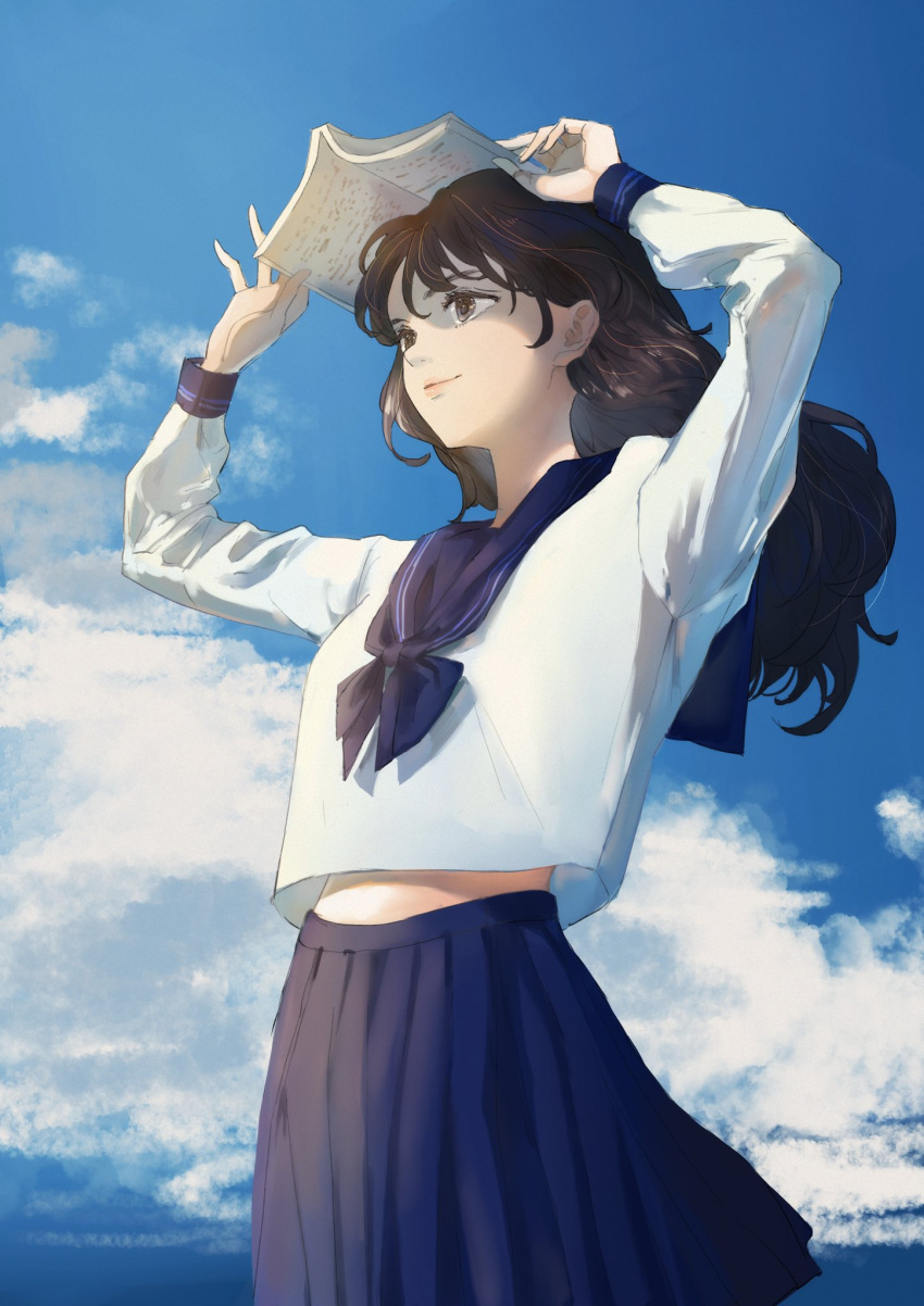 Safebooru - 1girl black hair blue neckerchief blue sailor collar blue skirt book brown eyes ...