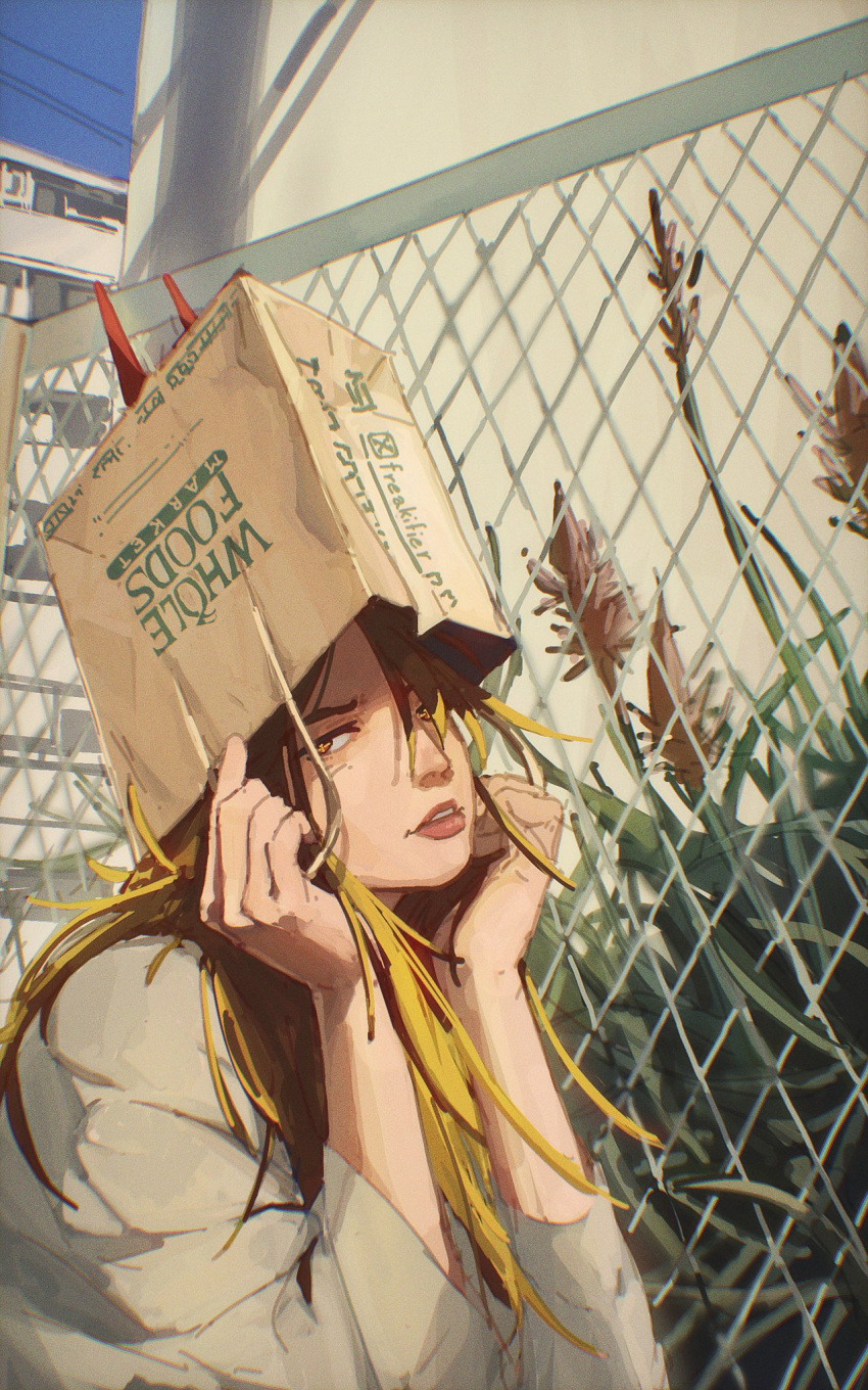 Safebooru - 1girl bag blonde hair blue sky building chain-link fence chainsaw man day demon girl ...