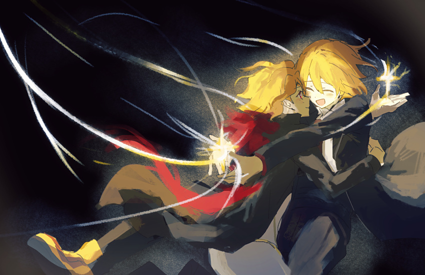 Safebooru - 2girls :d ^ ^ black background black coat blonde hair boots ...