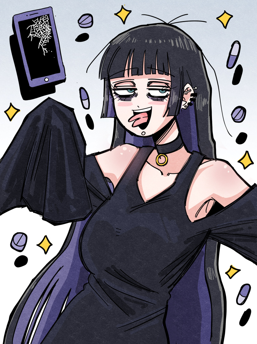 Safebooru - 1girl absurdres aqua eyes black choker black dress black eyeliner black hair blunt ...