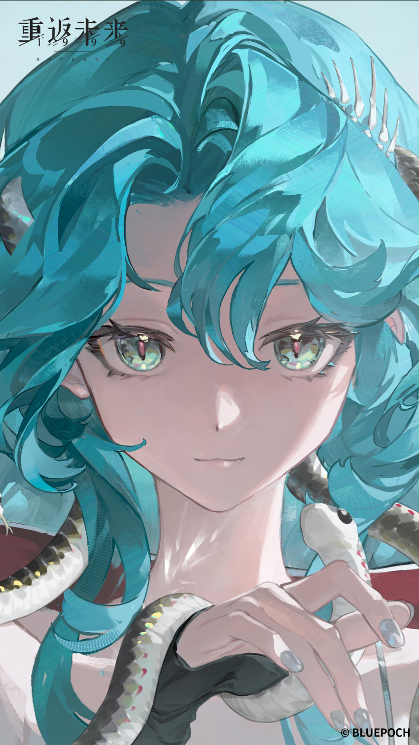 Safebooru - 1girl absurdres aqua eyes blue hair copyright name copyright notice grey nails hand ...