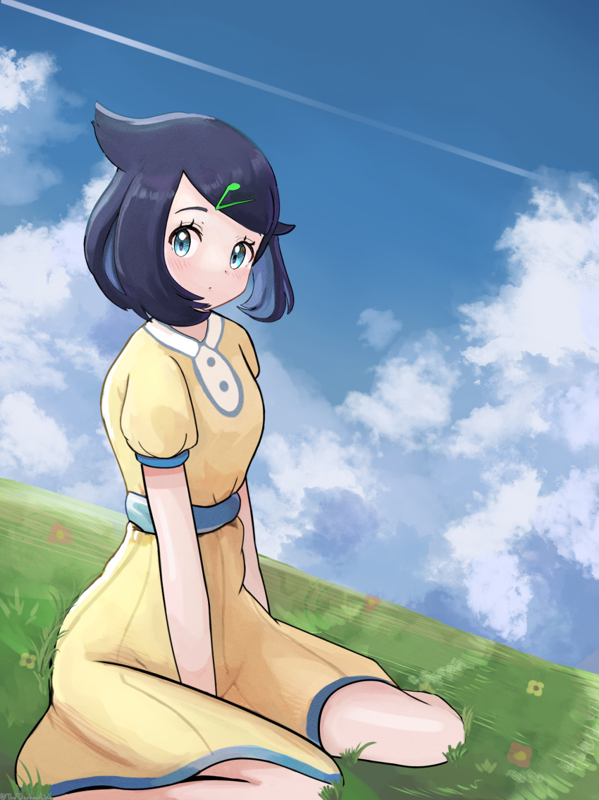Safebooru - 1girl black hair blue eyes closed mouth clouds commentary request cowlick day dress ...